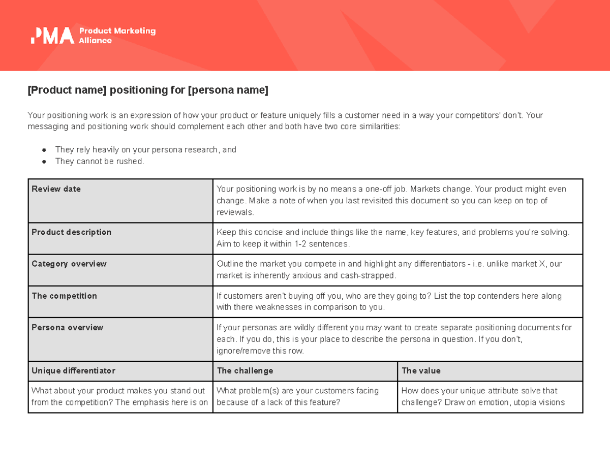 Positioning template - [Product name] positioning for [persona name ...