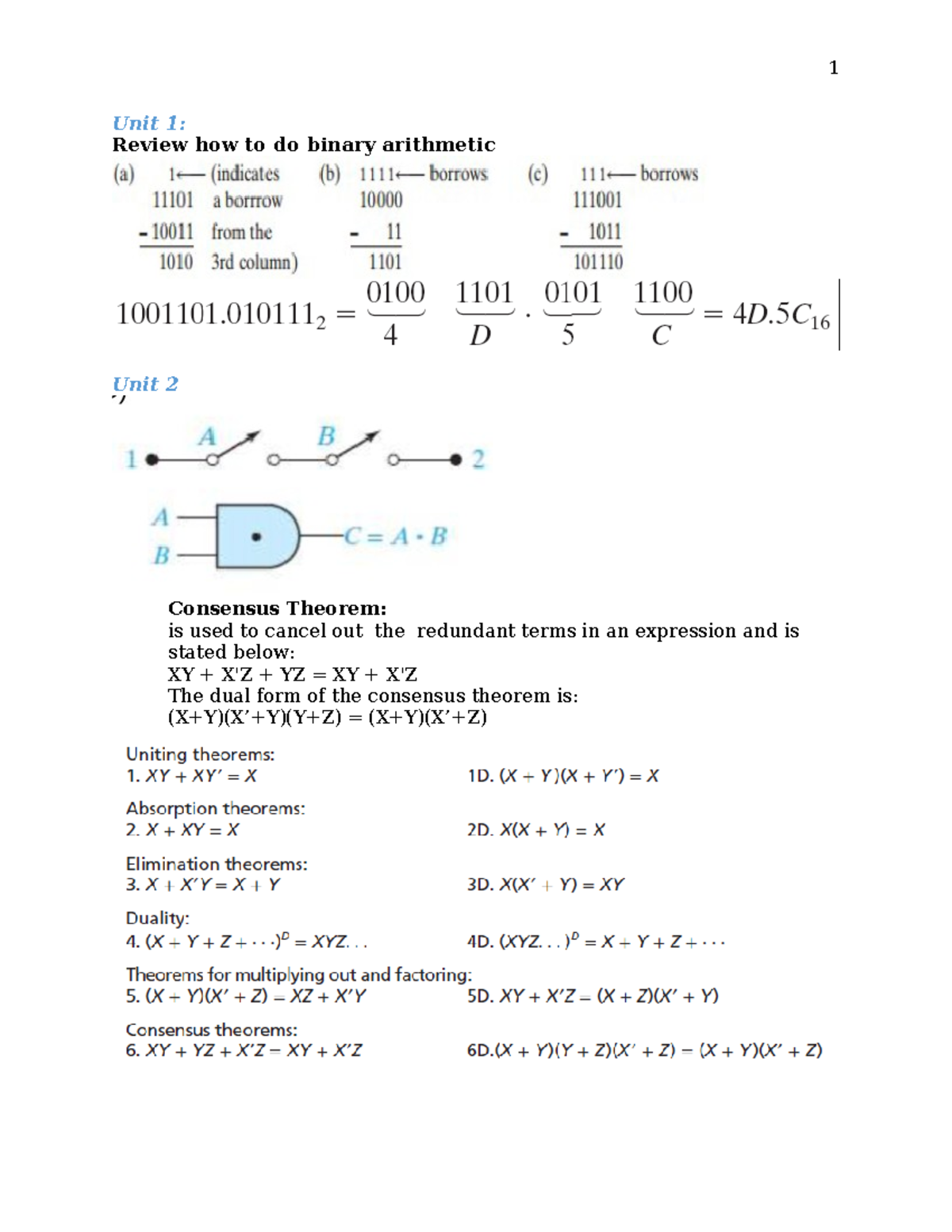 DLD QUIZ 1 CRIB Sheet - ECE 3441 - Unit 1: Review how to do binary arithmetic Unit 2 Consensus ...