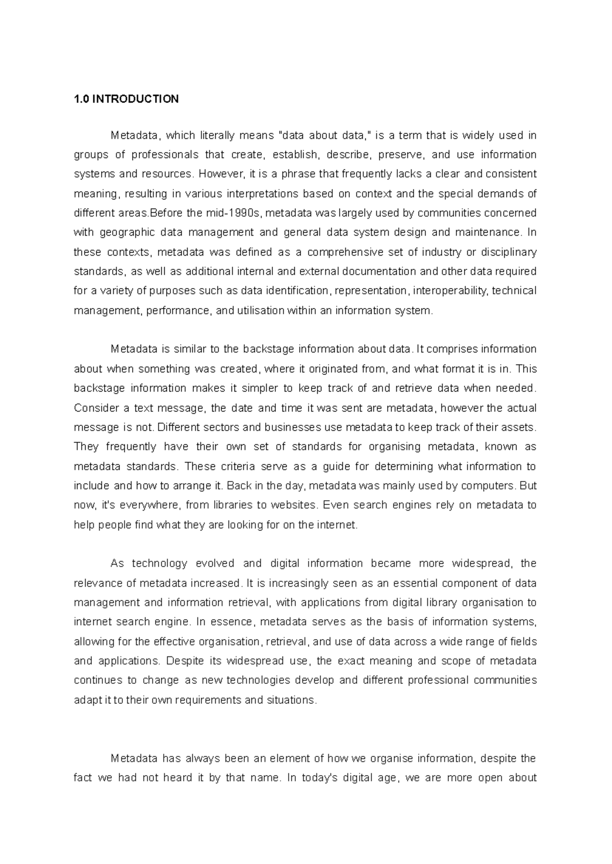 Check - IMD - 1 INTRODUCTION Metadata, which literally means "data ...