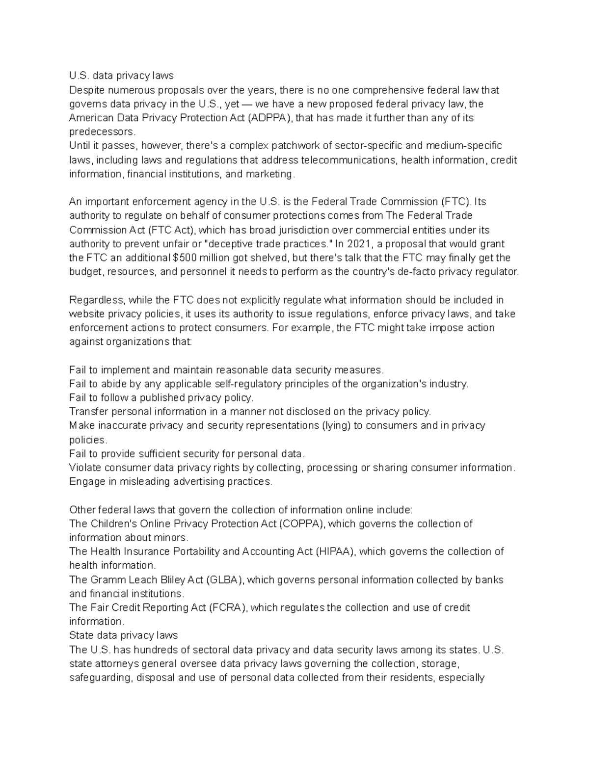 ENGR3400 Final DATA Privacy LAWS - U. data privacy laws Despite ...