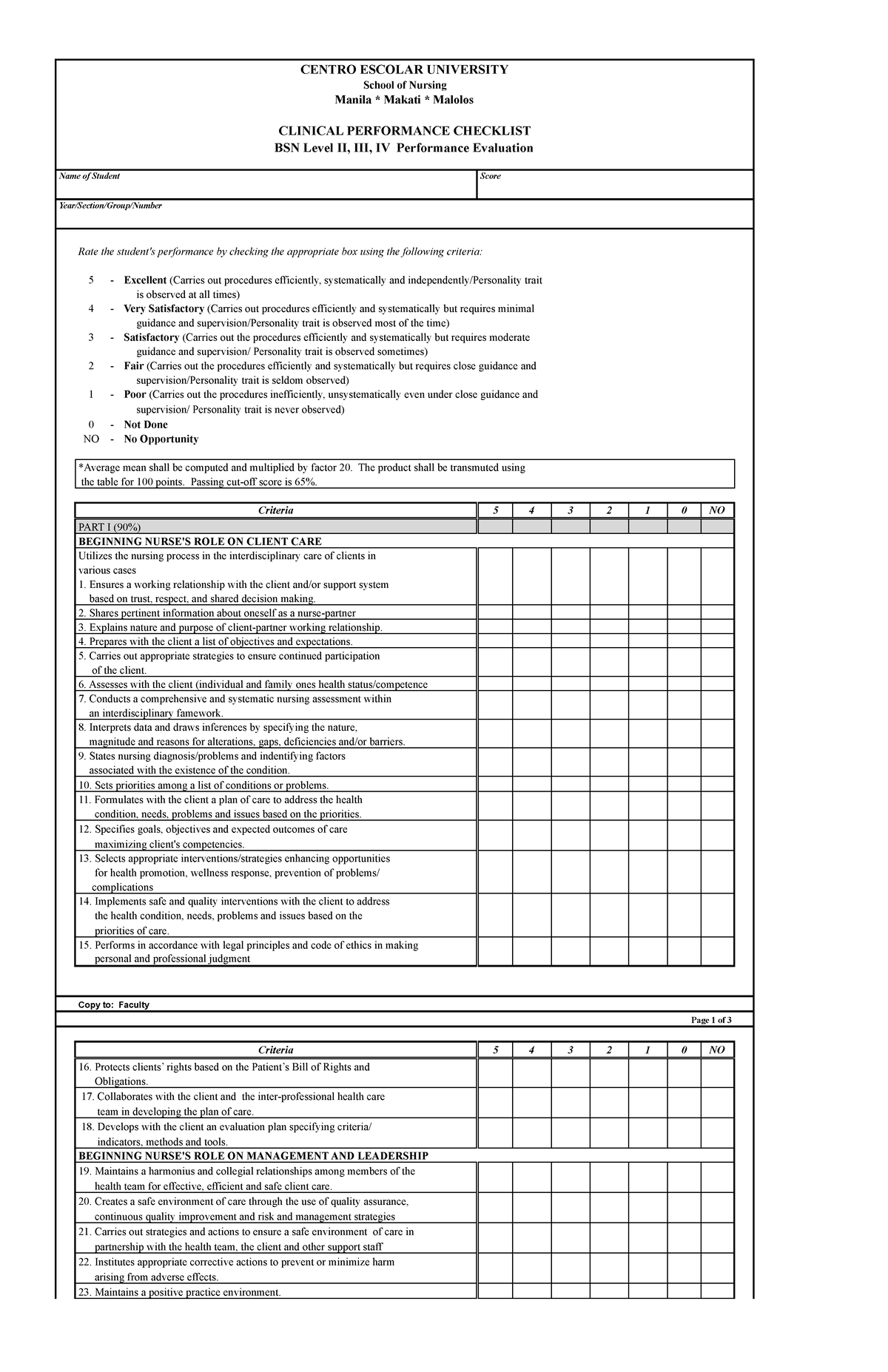 1. Clinical Performance Checklist (updated) - CENTRO ESCOLAR UNIVERSITY ...