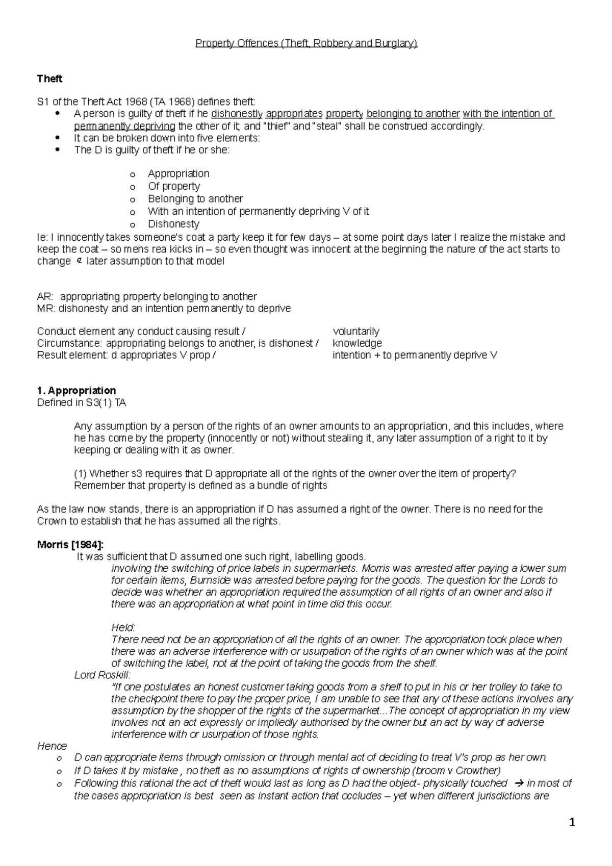 Criminal law lecture 11 Theft bugglary robbery - Property Offences ...