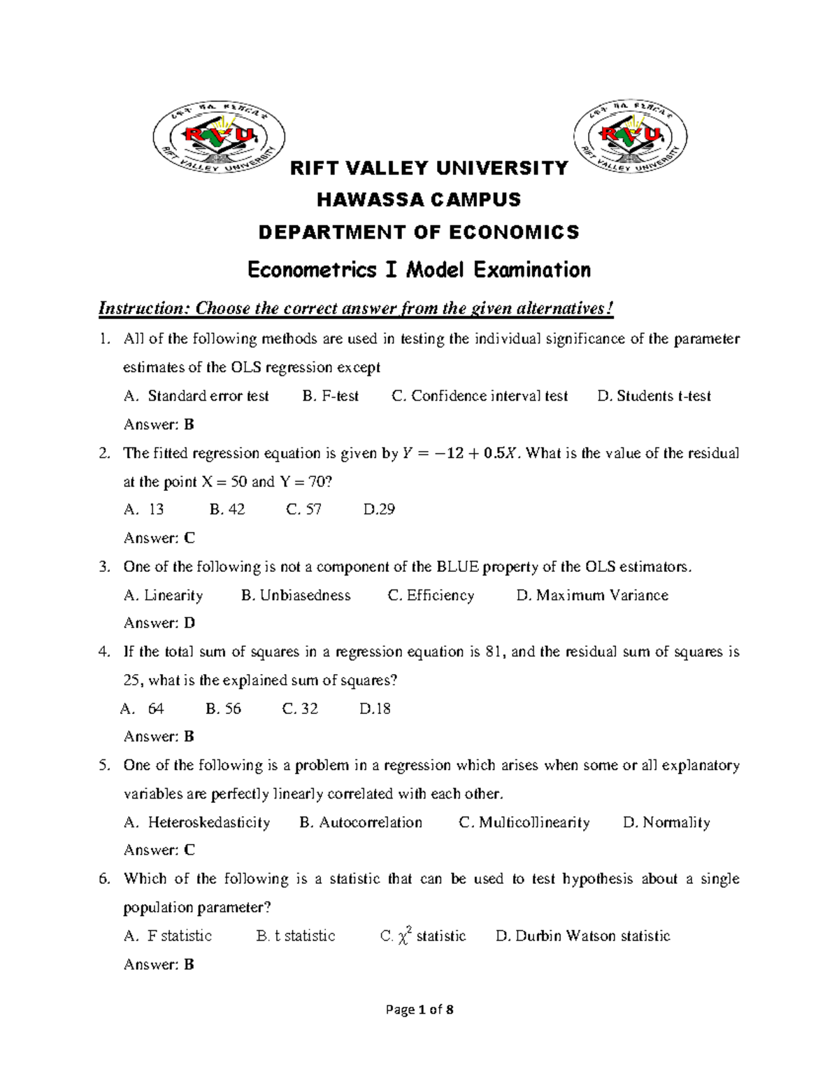 Econometric mod l - Study - RIFT VALLEY UNIVERSITY HAWASSA CAMPUS ...