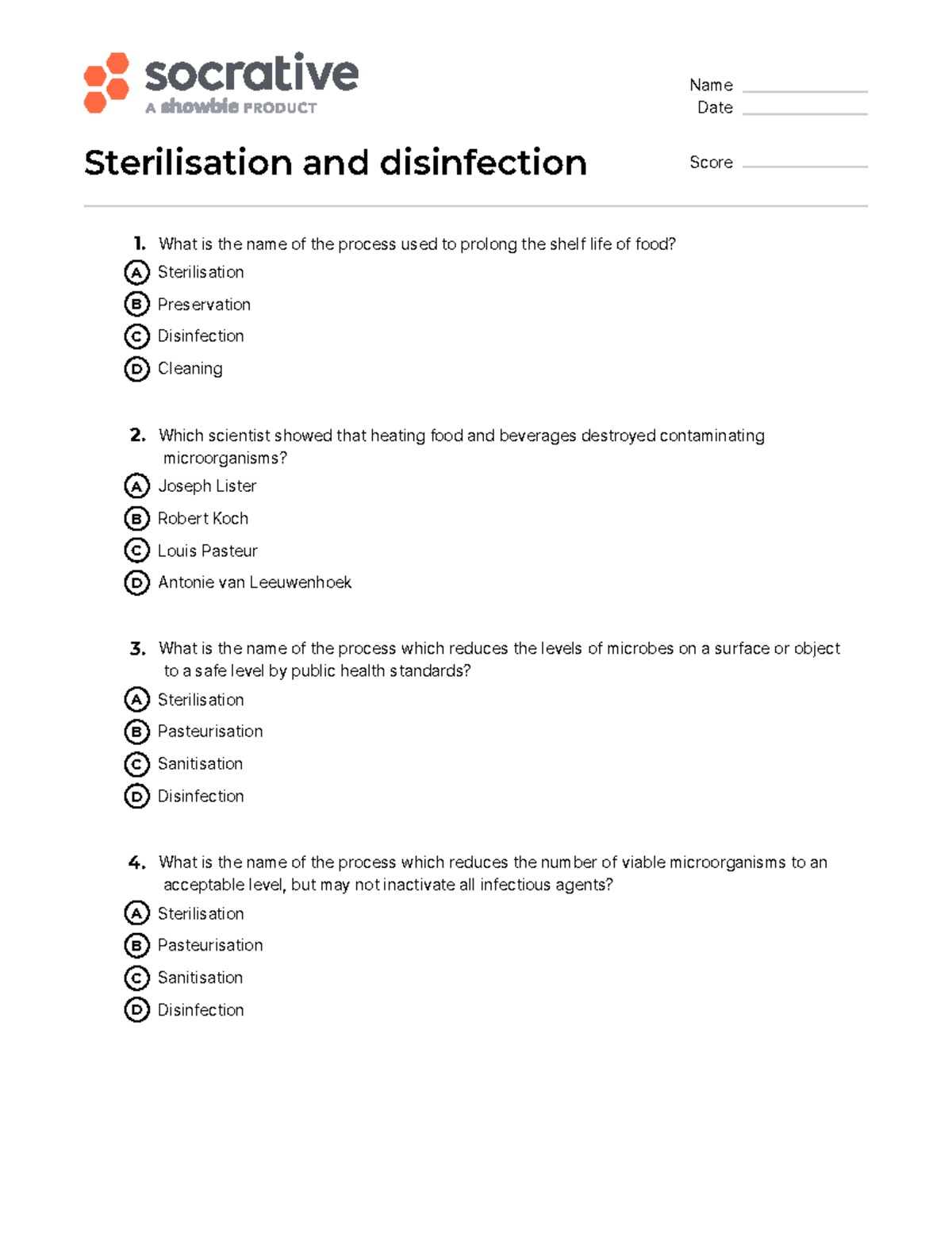 Quiz Sterilisation and disinfection - Name Date Sterilisation and ...