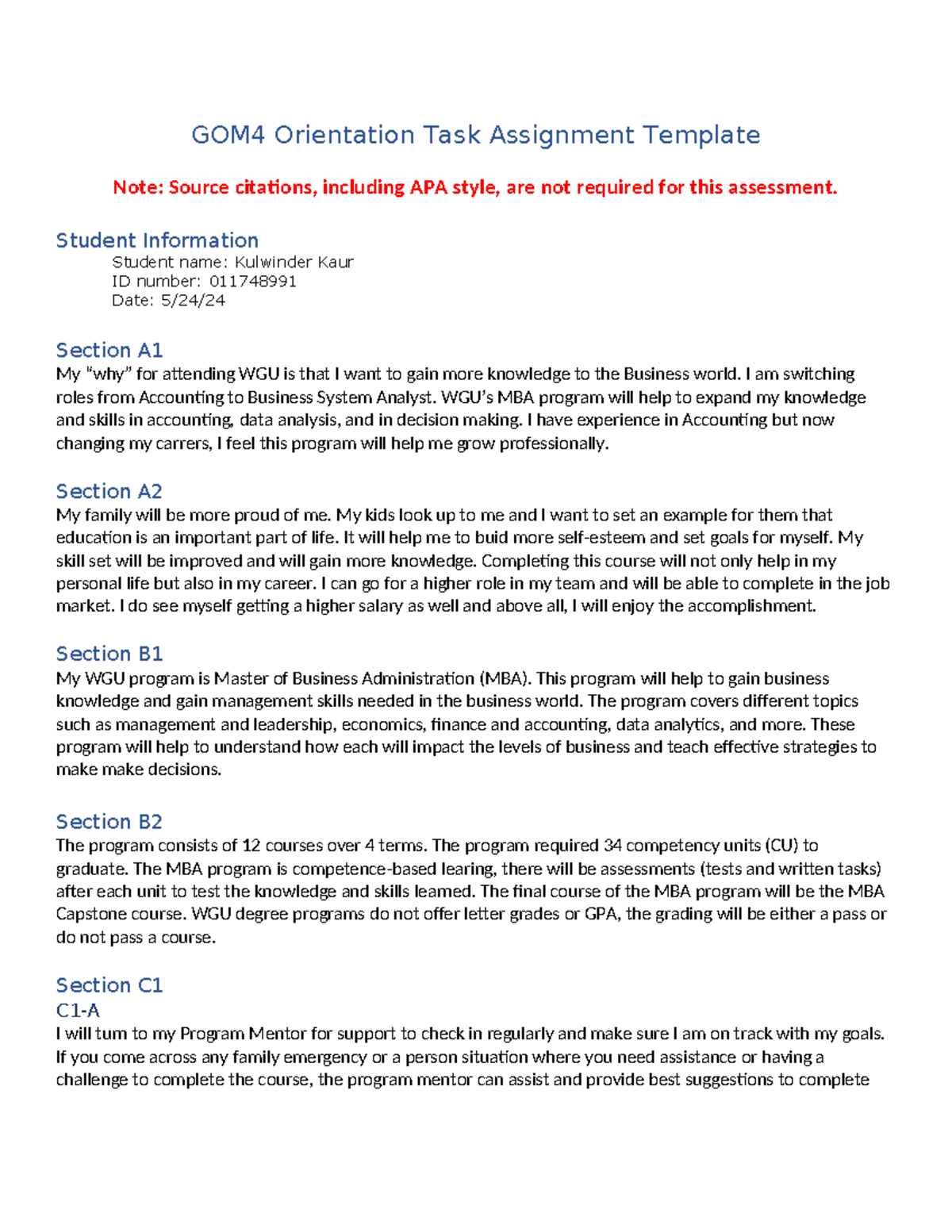 WGU Orientation - ORA1 - GOM4 Orientation Task Assignment Template Note: Source citations ...