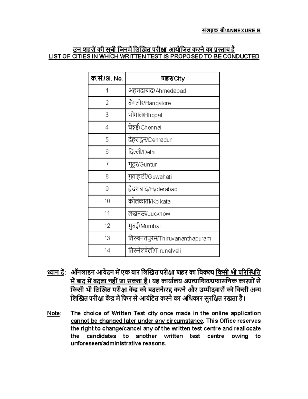 Annexure B - संलक बी/ANNEXURE B उन शहरों की सूची िजनम िलखत परीा आयोिजत ...