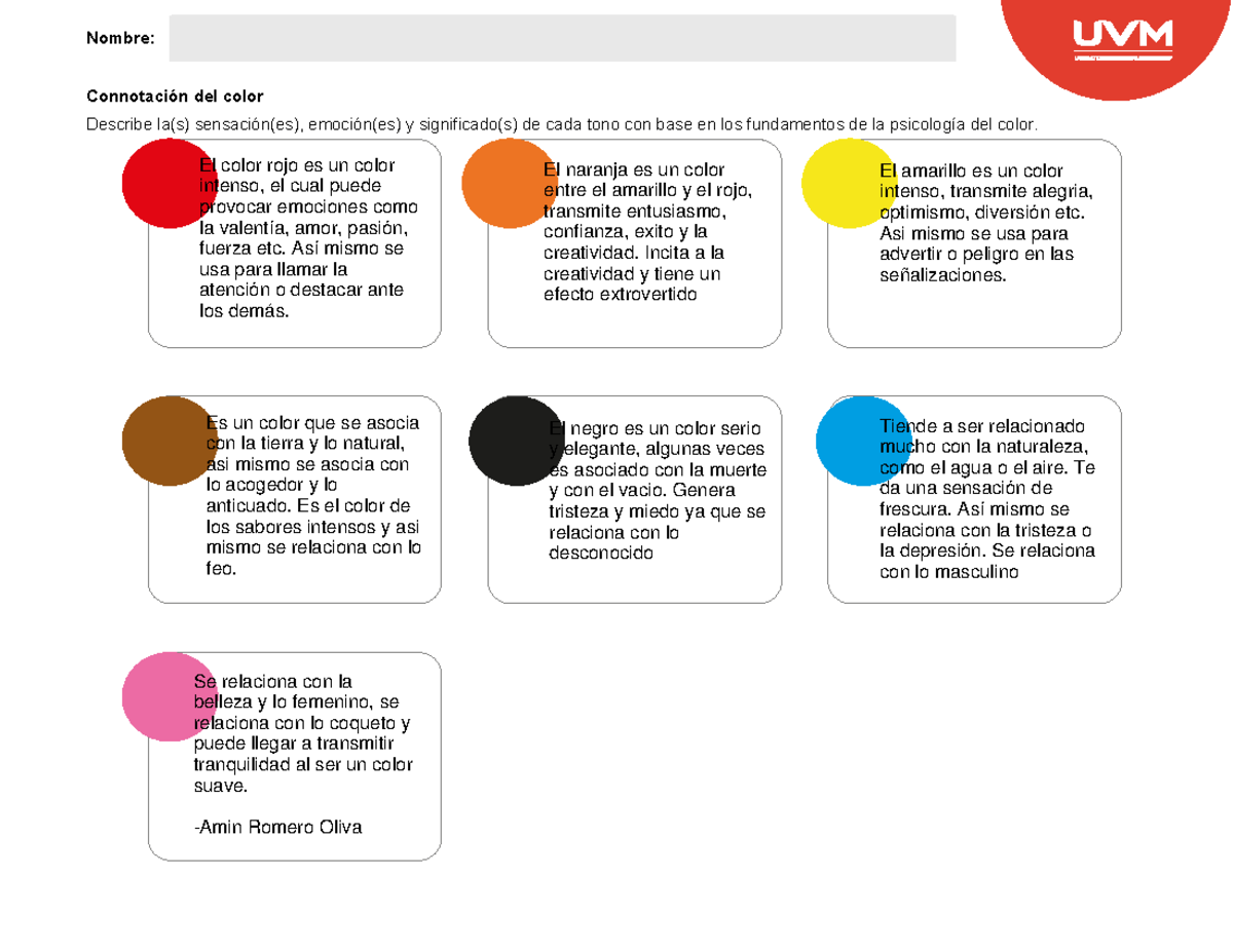 A6 Connotación del Color ARO - Nombre: Connotación del color Describe ...