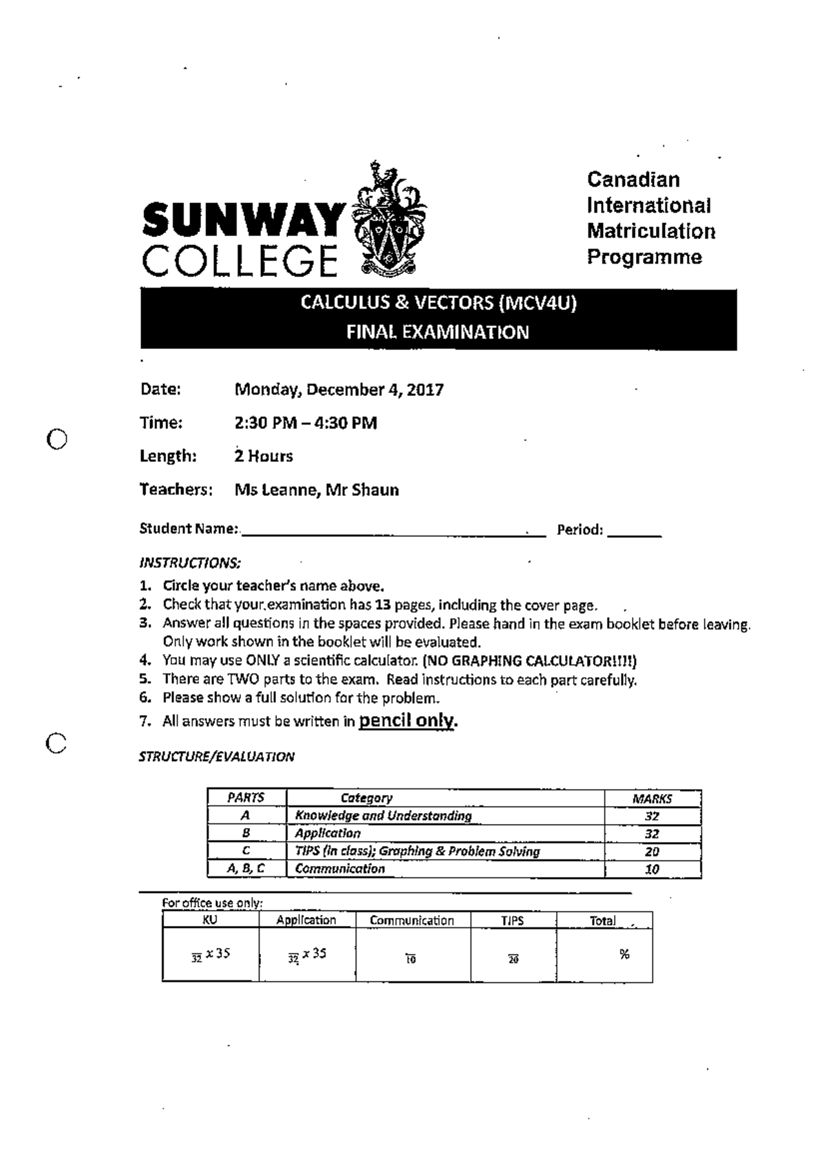 MCV4U - Calculus and Vectors - Canadian International Matriculation ...