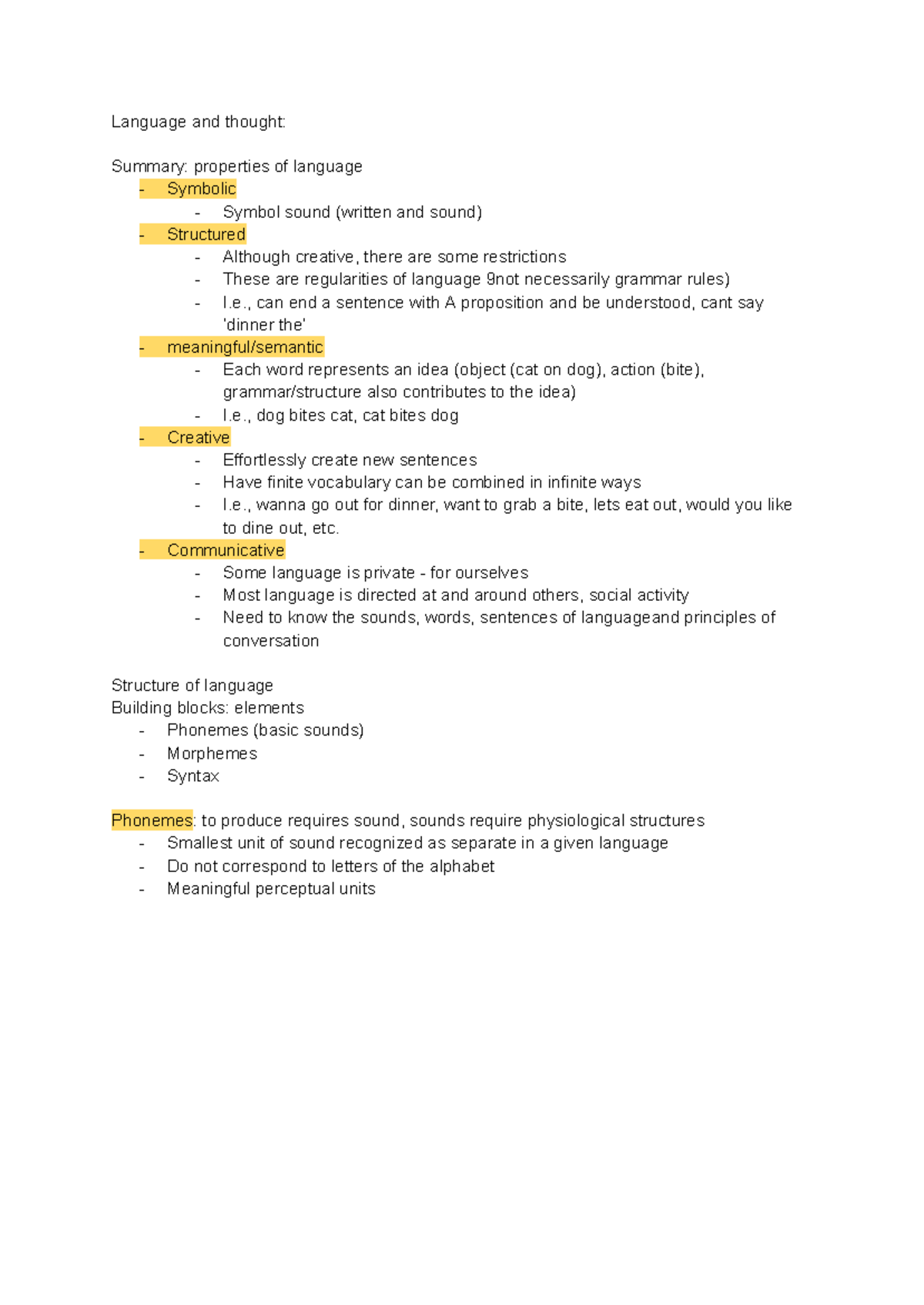 Chapter 9 - Language and thought: Summary: properties of language ...