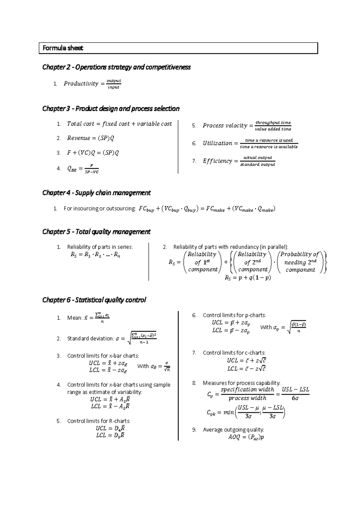 Formula Sheet + Zscore - ddd - Formula sheet Chapter 2 - Operations ...