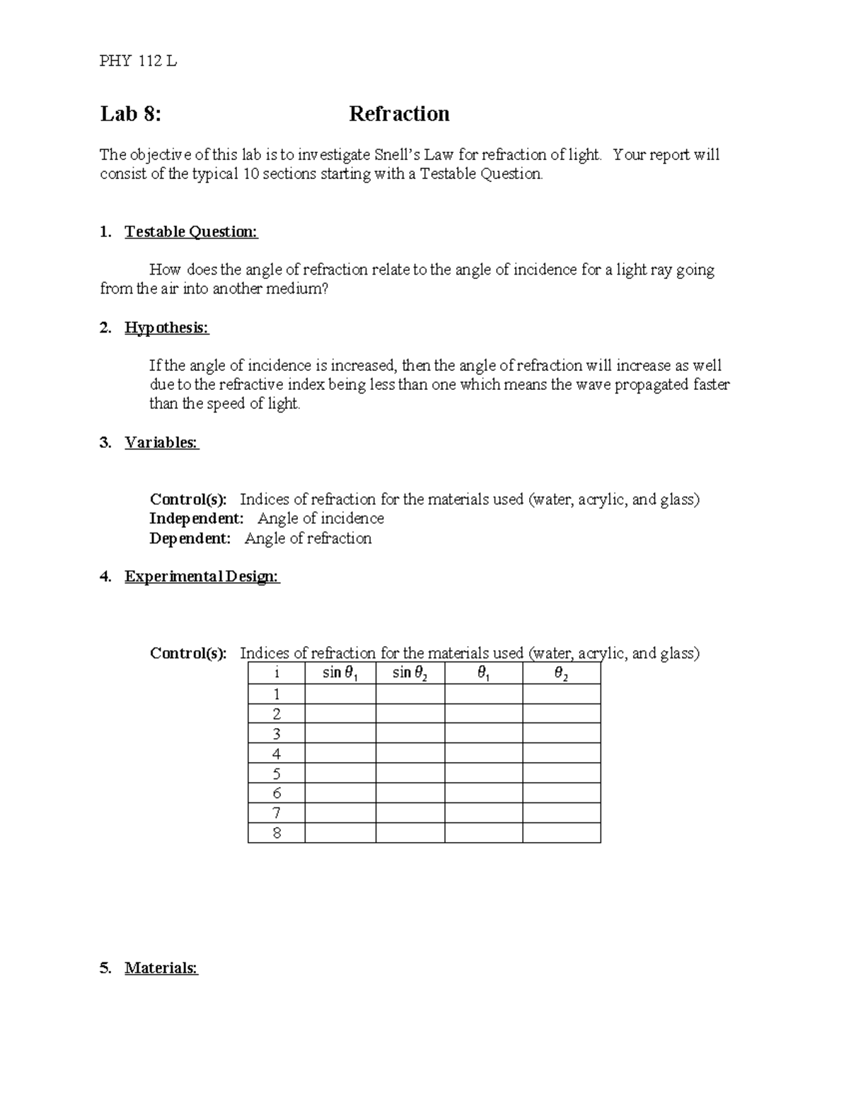 Phy112l Lab08 Refraction - Lab 8: Refraction The objective of this lab ...