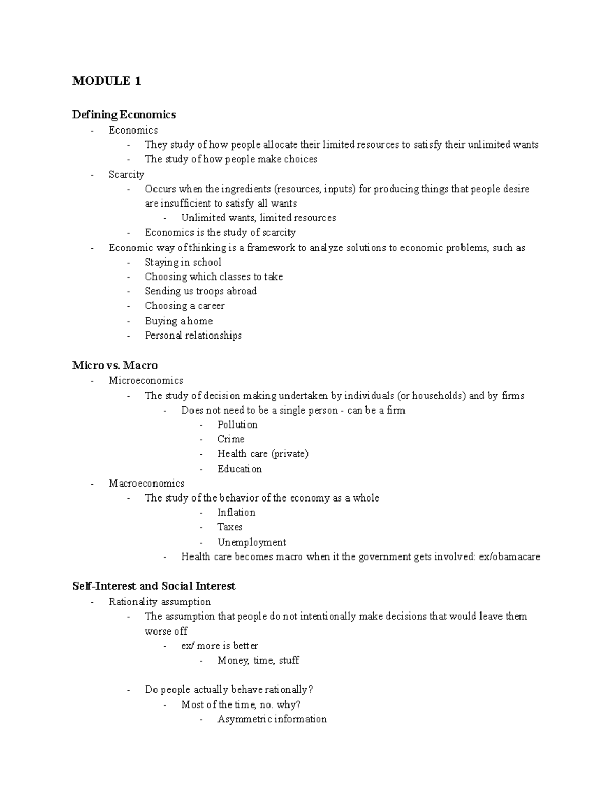 Econ notes - e370 - MODULE 1 Defining Economics Economics They study of ...