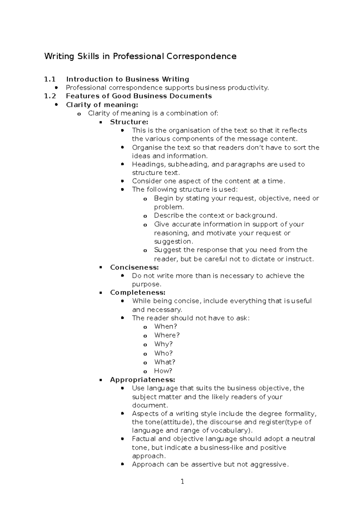 Study Unit 1 - Writing Skills in Professional Correspondence - Writing ...