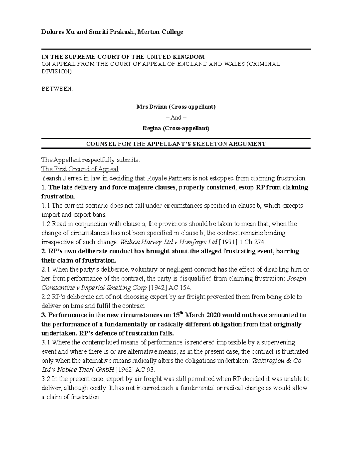 Skeleton Arguments - Dolores Xu and Smriti Prakash, Merton College ...