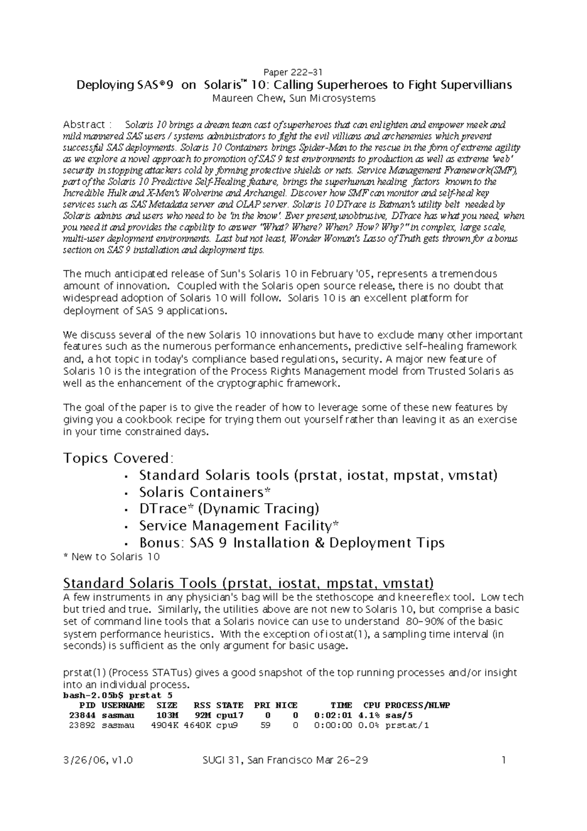 Prstat Iostat Mpstat Vmstat Pdfdrive Paper 222 Deploying Sas®9 On Solaris™ 10 Calling