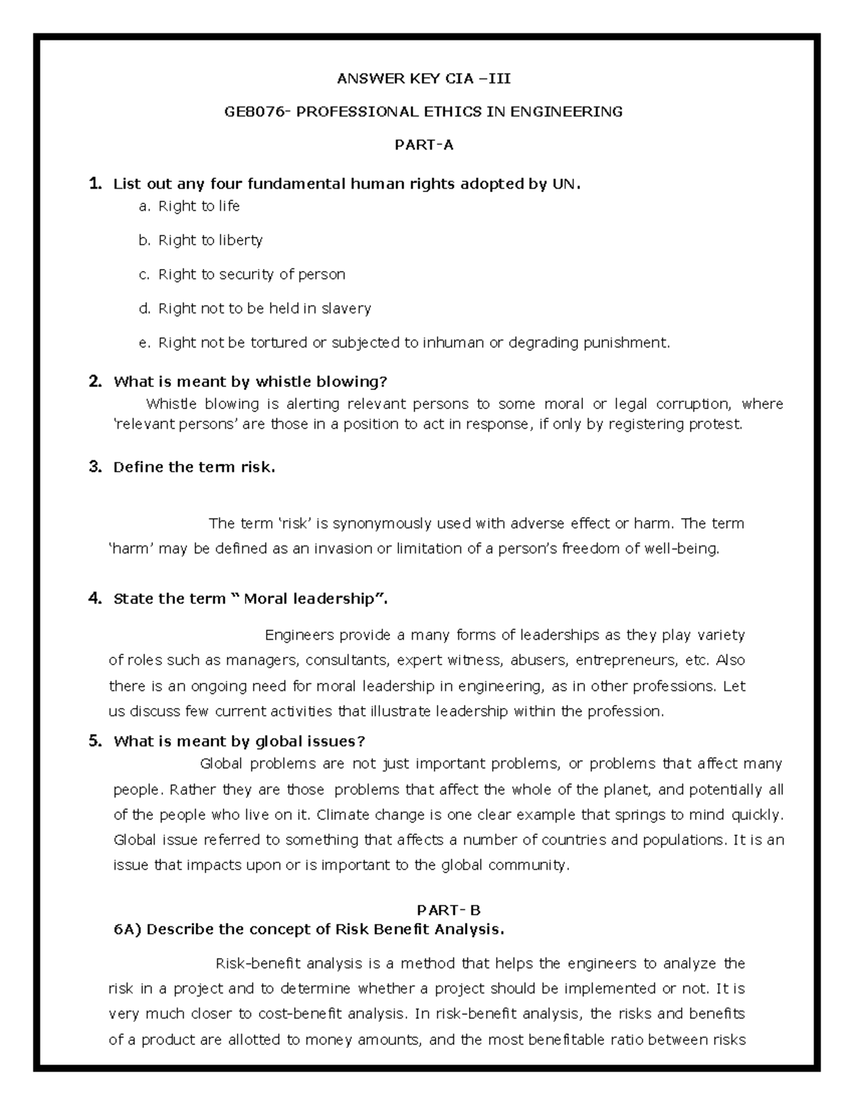 PEE CIA-3 Answer KEY - ANSWER KEY CIA –III GE8076- PROFESSIONAL ETHICS ...
