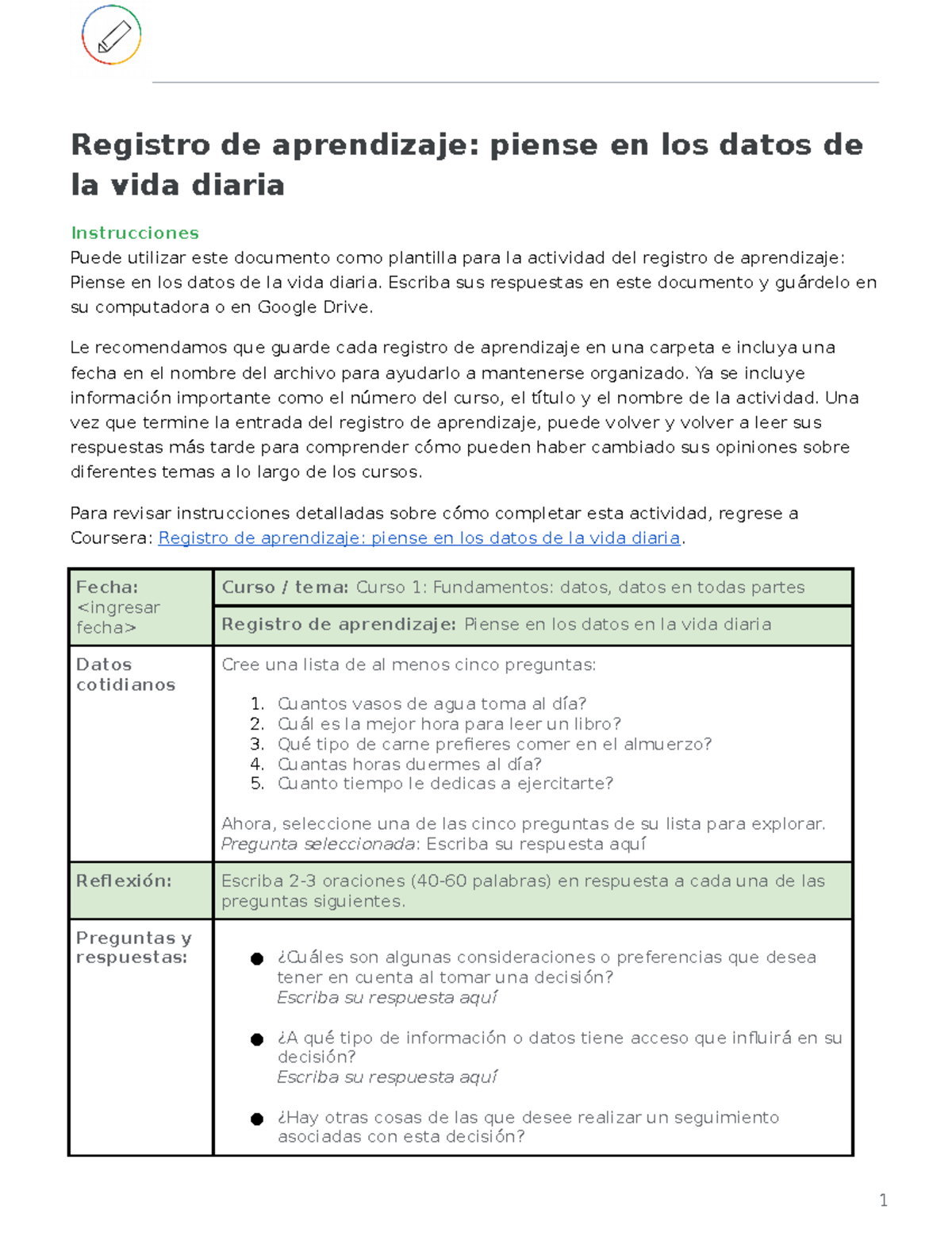 Learning Log Template E Think about data in daily life - - Studocu