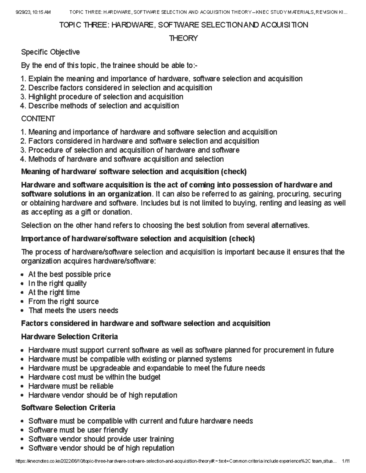 Hardware, Software Selection AND Acquisition - TOPIC THREE: HARDWARE ...