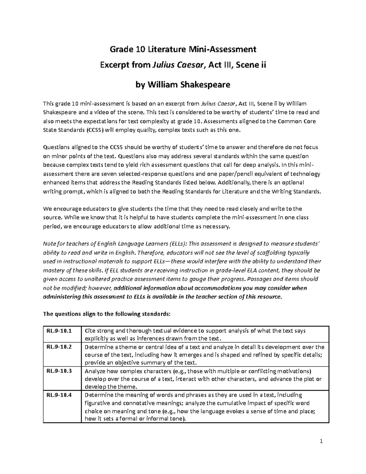 Julius Caesar Act III Scene 2 10MA CC Mini Assessment - Grade 10 ...