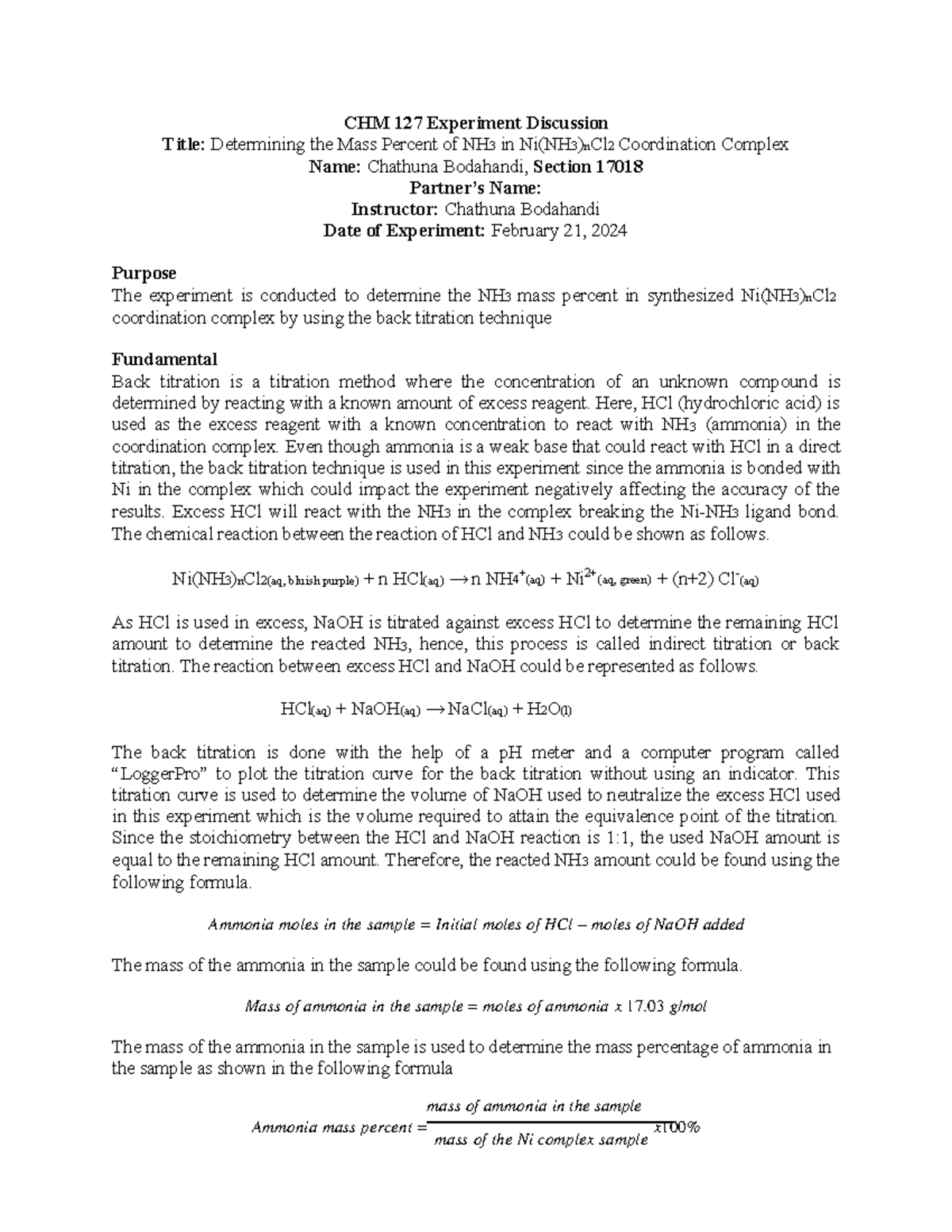 Sample Lab Report-Lab 4 - 4 (aq) (aq, green) CHM 127 Experiment ...