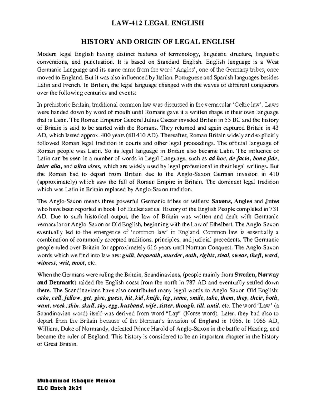 Legal English Notes-II - Muhammad Ishaque Memon HISTORY AND ORIGIN OF ...