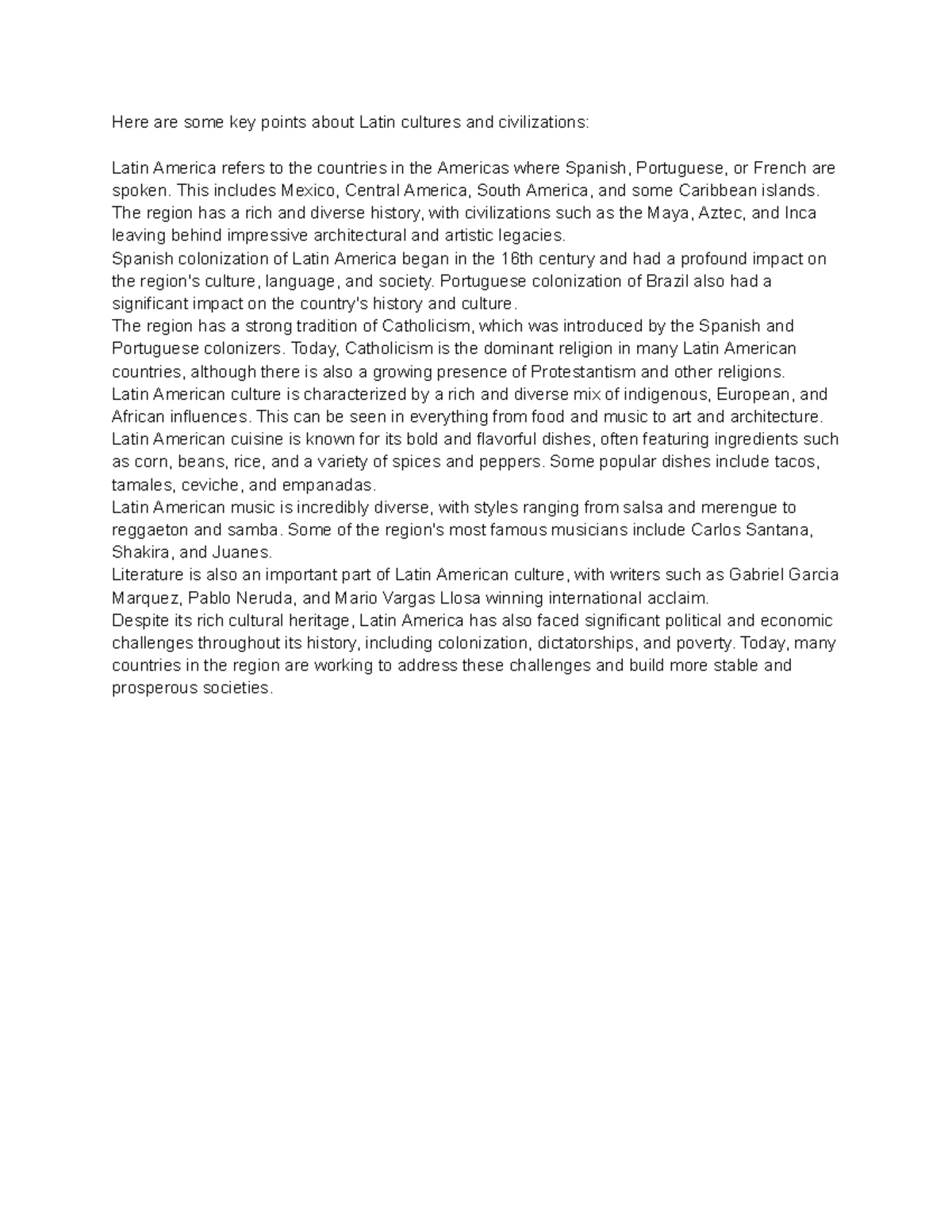 Key points about Latin cultures and civilizations - This includes ...