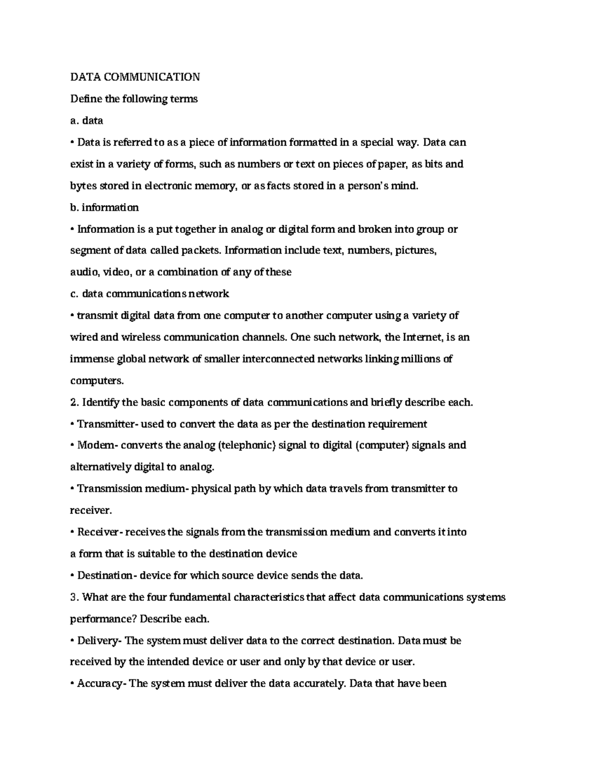 DATA Communication 1 - DATA COMMUNICATION Define the following terms a ...