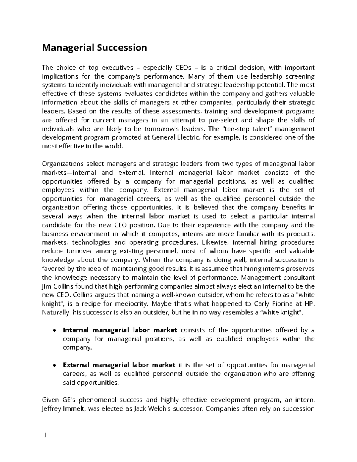 Managerial Succession. - Managerial Succession The choice of top ...