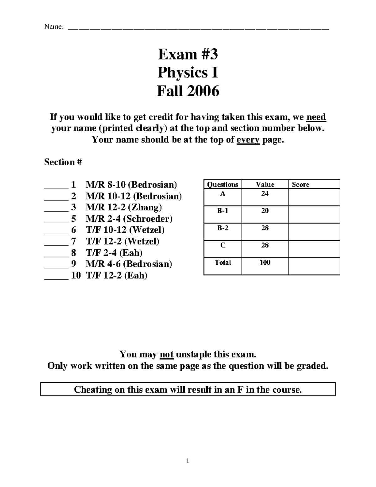 Phys-1100exam3-F06 - old back exams for physics STUDY MATERIAL - Exam Physics I Fall 2006 If you ...