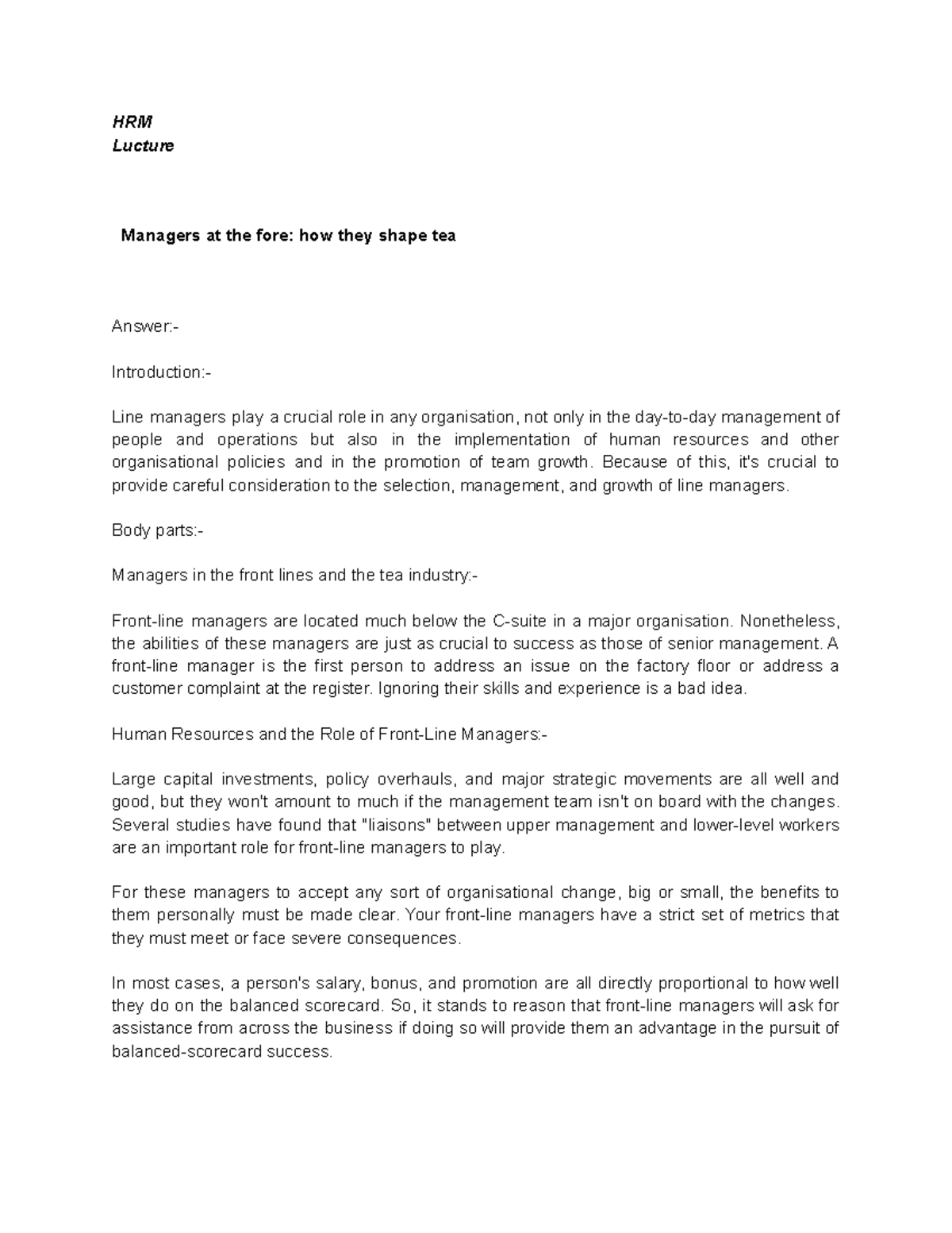 Managers at the fore- how they shape tea - HRM Lucture Managers at the ...