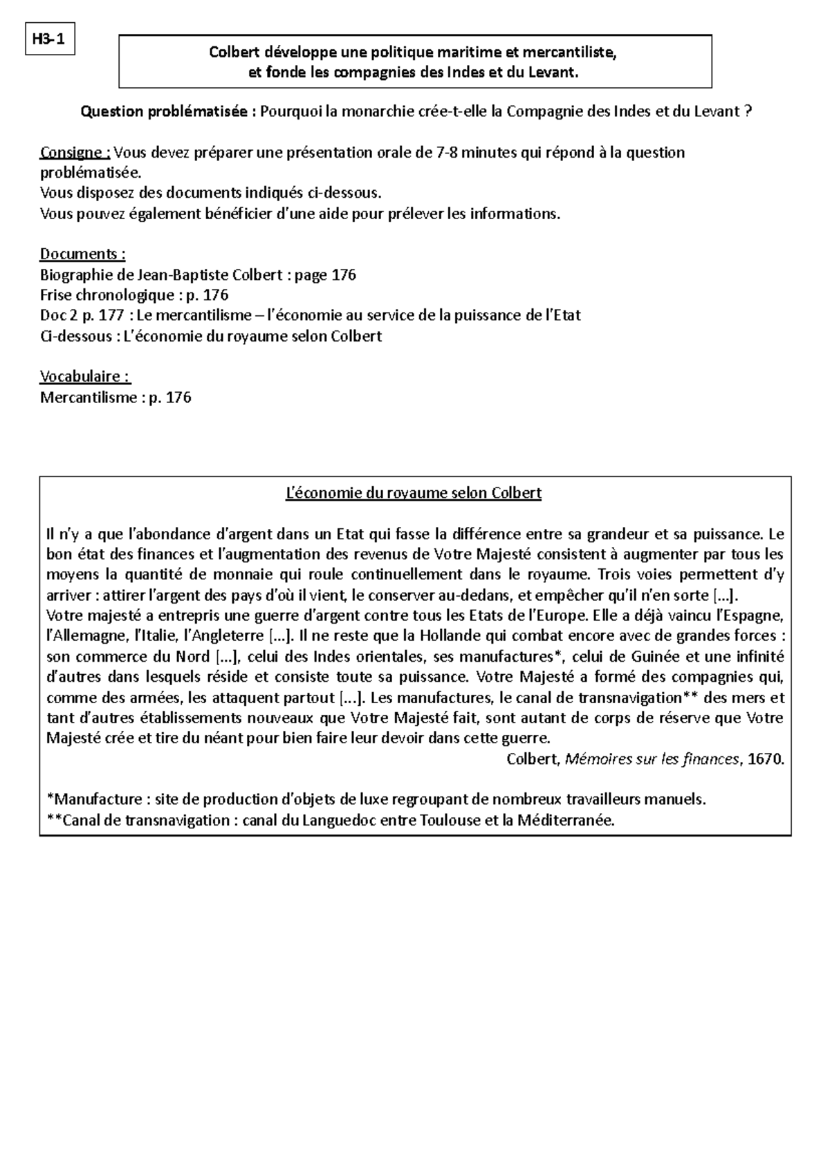 H3-1 Colbert - Notes de cours histoire - Question problématisée ...
