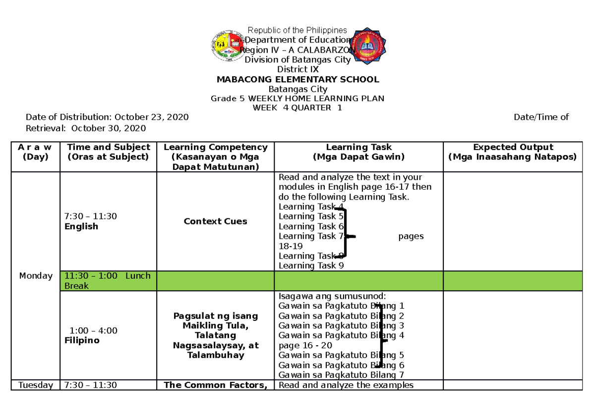 Weekly Home Learning Plan 4 - Republic of the Philippines Department of ...
