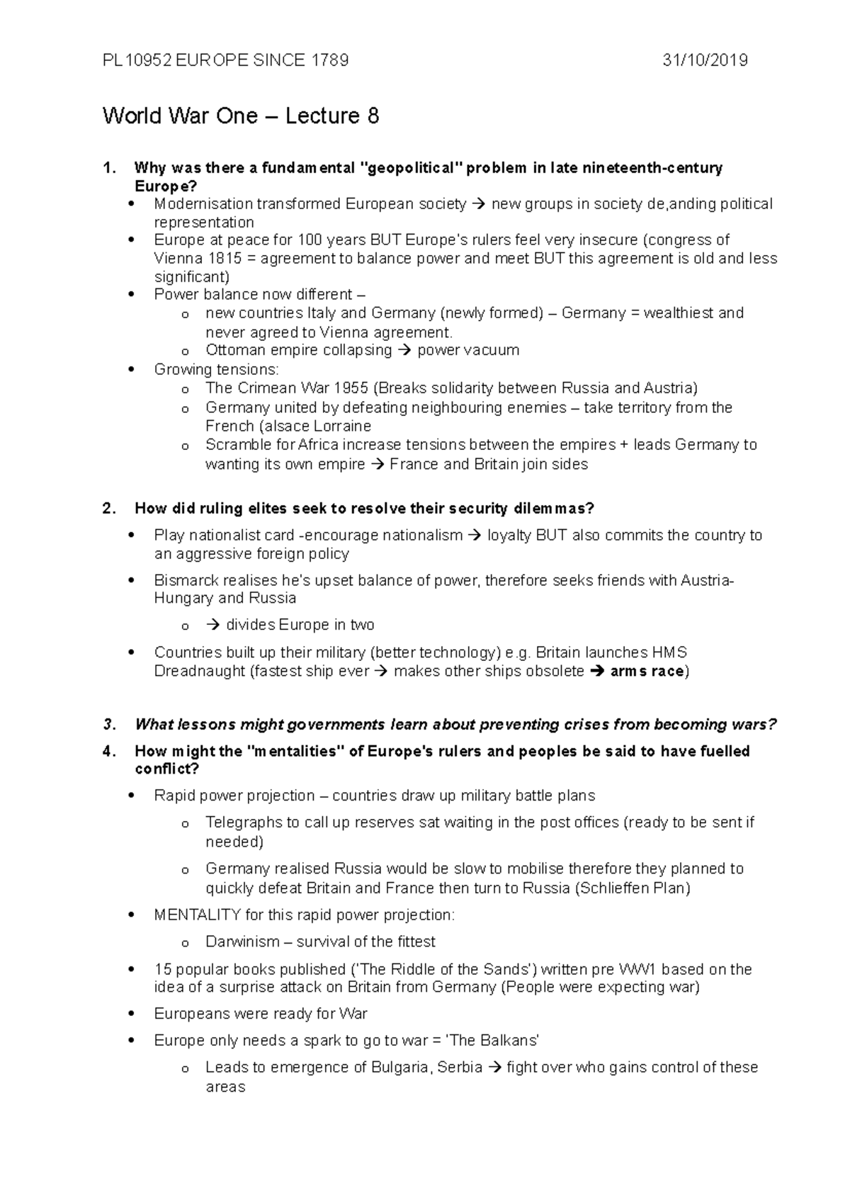 Lecture 8 - World War One - PL10952 EUROPE SINCE 1789 31/10/ World War ...