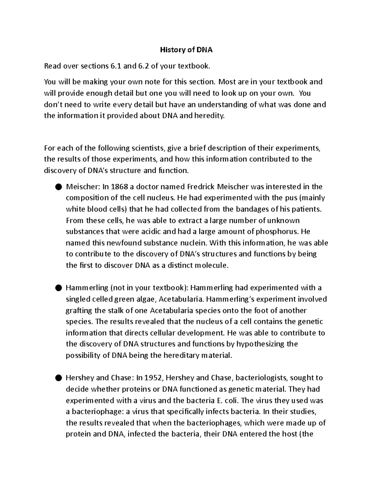 Copy of History of DNA - History of DNA Read over sections 6 and 6 of ...