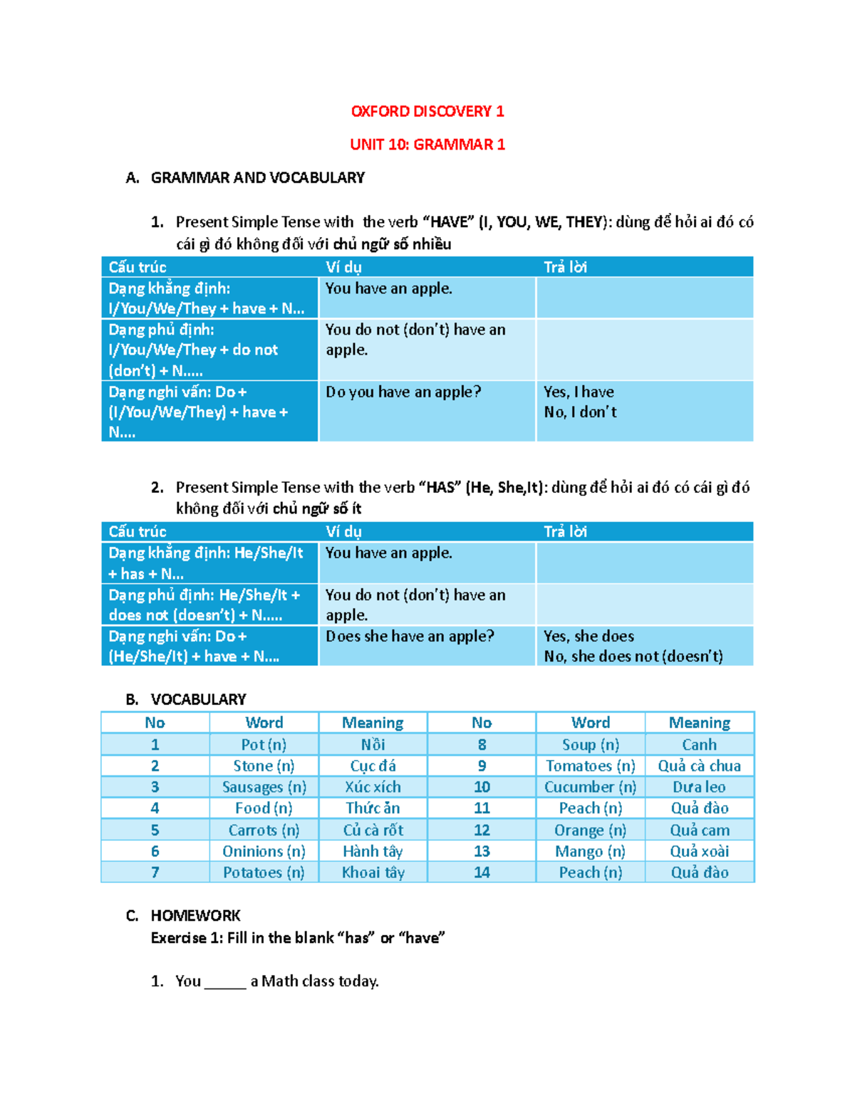 Exercise - dưqdwqd - OXFORD DISCOVERY 1 UNIT 10: GRAMMAR 1 A. GRAMMAR AND VOCABULARY Present ...