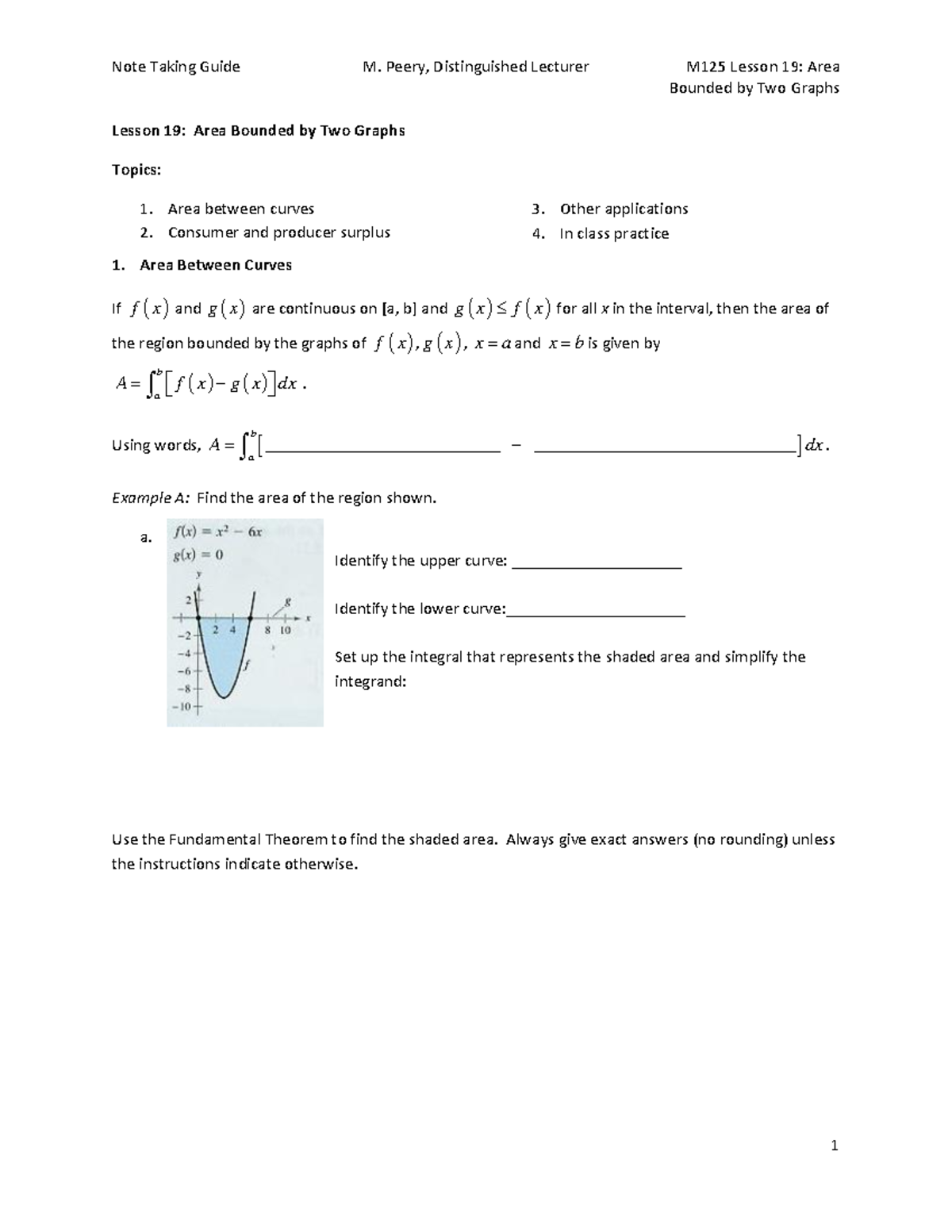 L19 Area Bounded - Lesson 19 - Bounded by Two Graphs Lesson 19: Area ...
