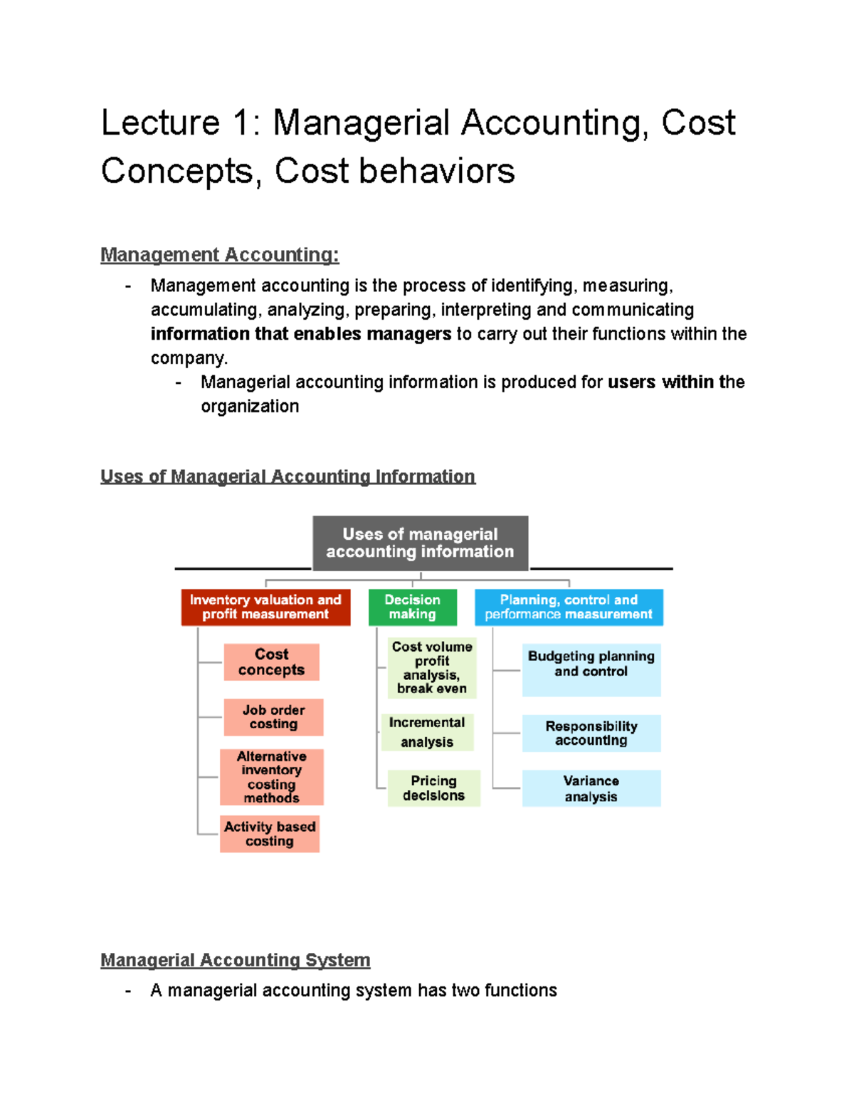 Bus 254 Notes Outline Method - Lecture 1: Managerial Accounting, Cost ...