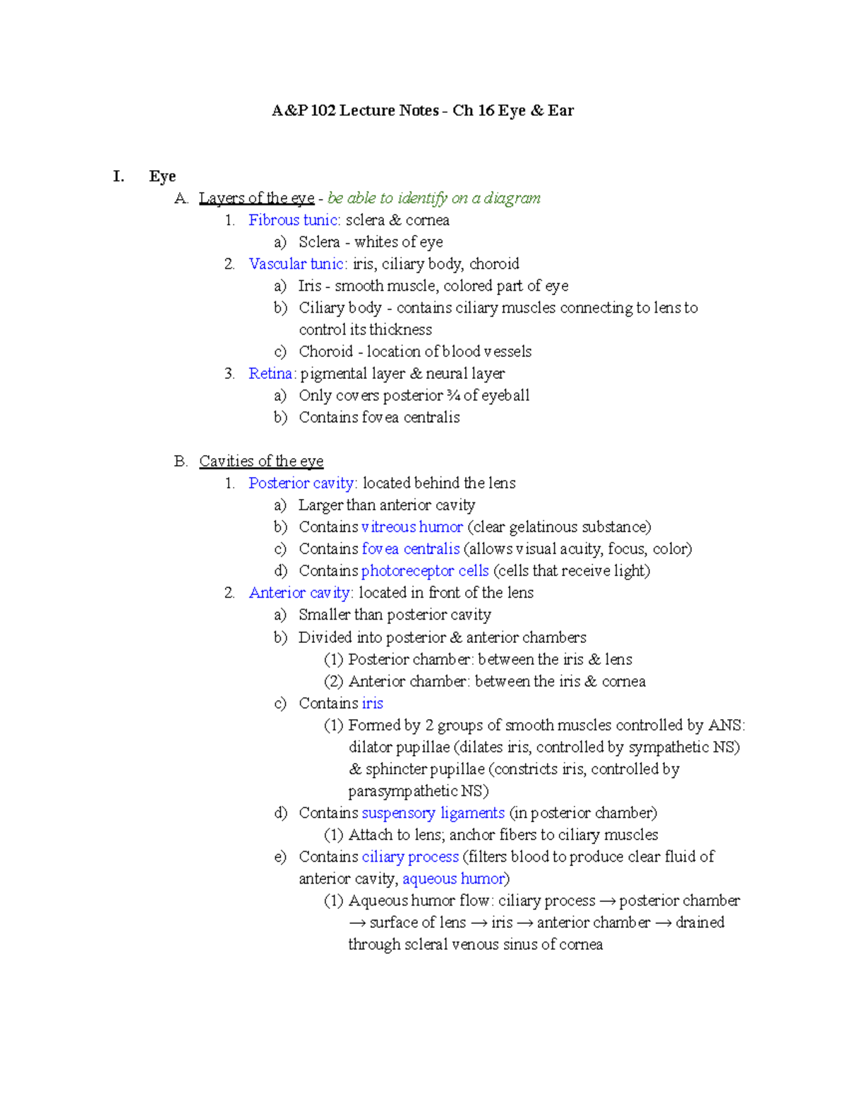 Ch 16 Eye and Ear Notes - A&P 102 Lecture Notes - Ch 16 Eye & Ear I ...