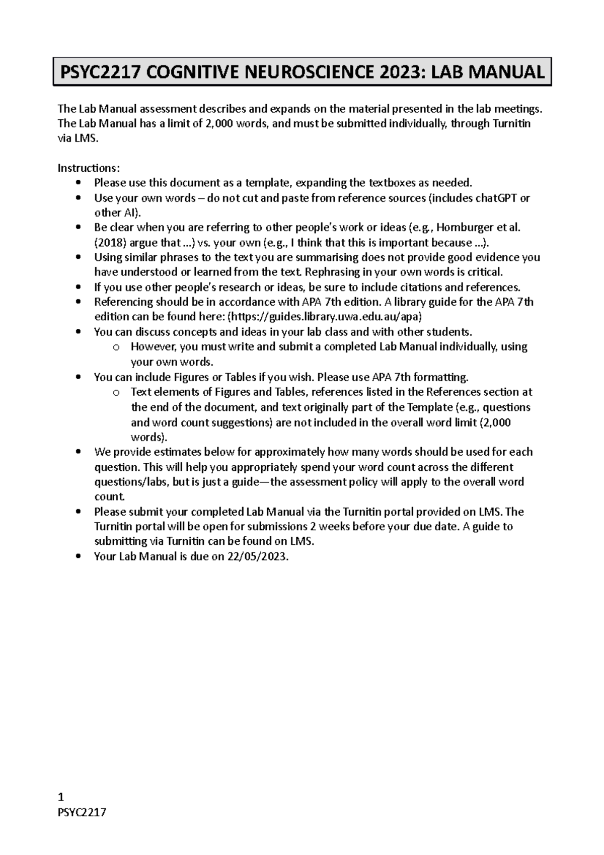 PSYC2217 Cognitive Neuroscience 2023 Lab Manual Template students ...