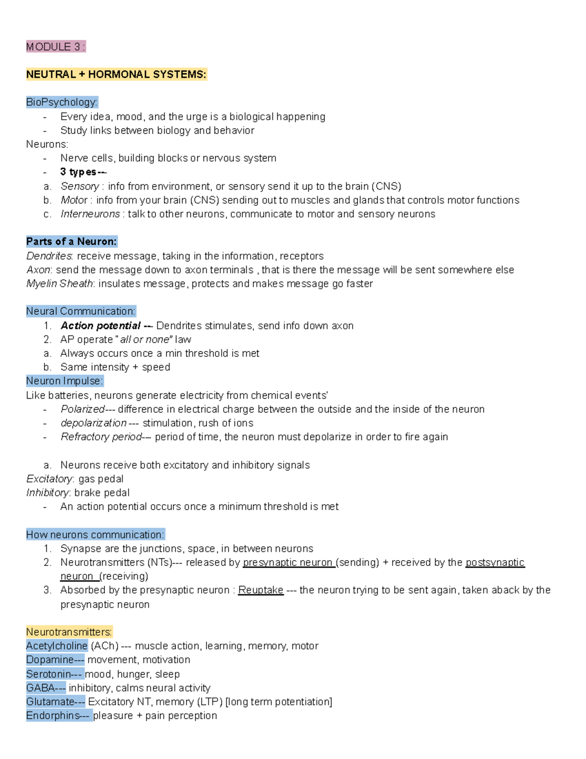 Module 3 Psychology 100 - MODULE 3 : NEUTRAL + HORMONAL SYSTEMS ...
