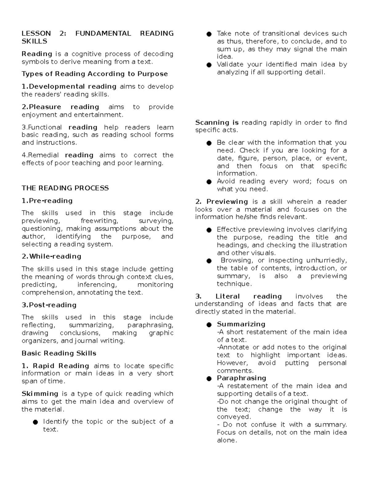 L2- Reading Process - LESSON 2: FUNDAMENTAL READING SKILLS Reading is a ...