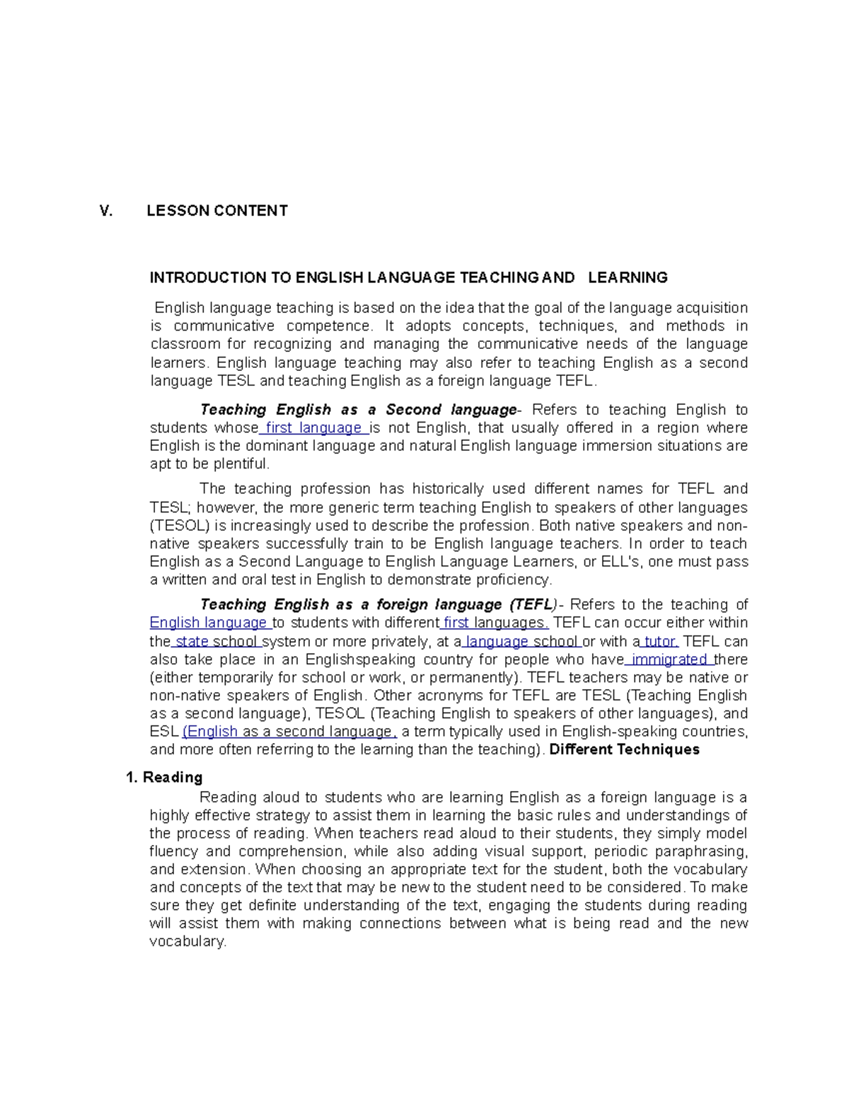 Foundations of English Language 1 - V. LESSON CONTENT INTRODUCTION TO ...