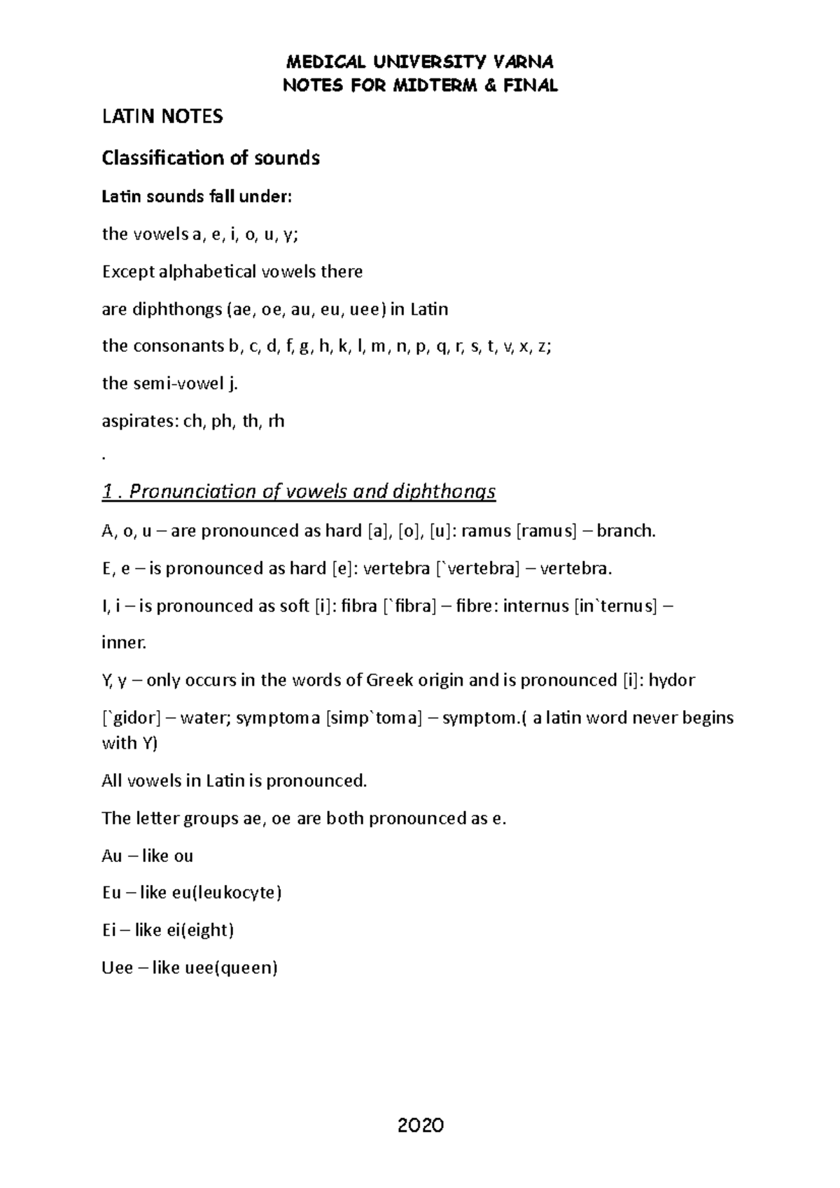Medical Terminology - Latin -Notes - NOTES FOR MIDTERM & FINAL LATIN ...