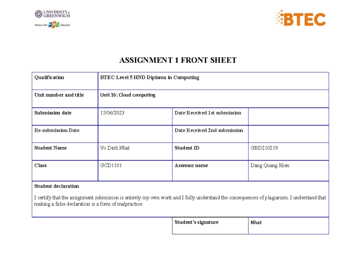 1644 Vo Dinh Nhat ASM1 - 1644-asm1 - ASSIGNMENT 1 FRONT SHEET Qualification BTEC Level 5 HND ...