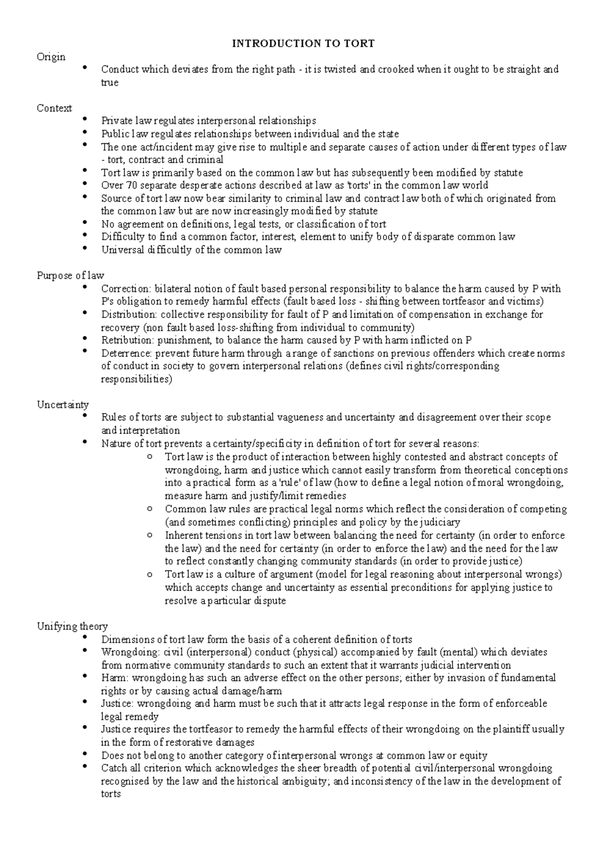 Tort notes intro - INTRODUCTION TO TORT Origin Conduct which deviates ...