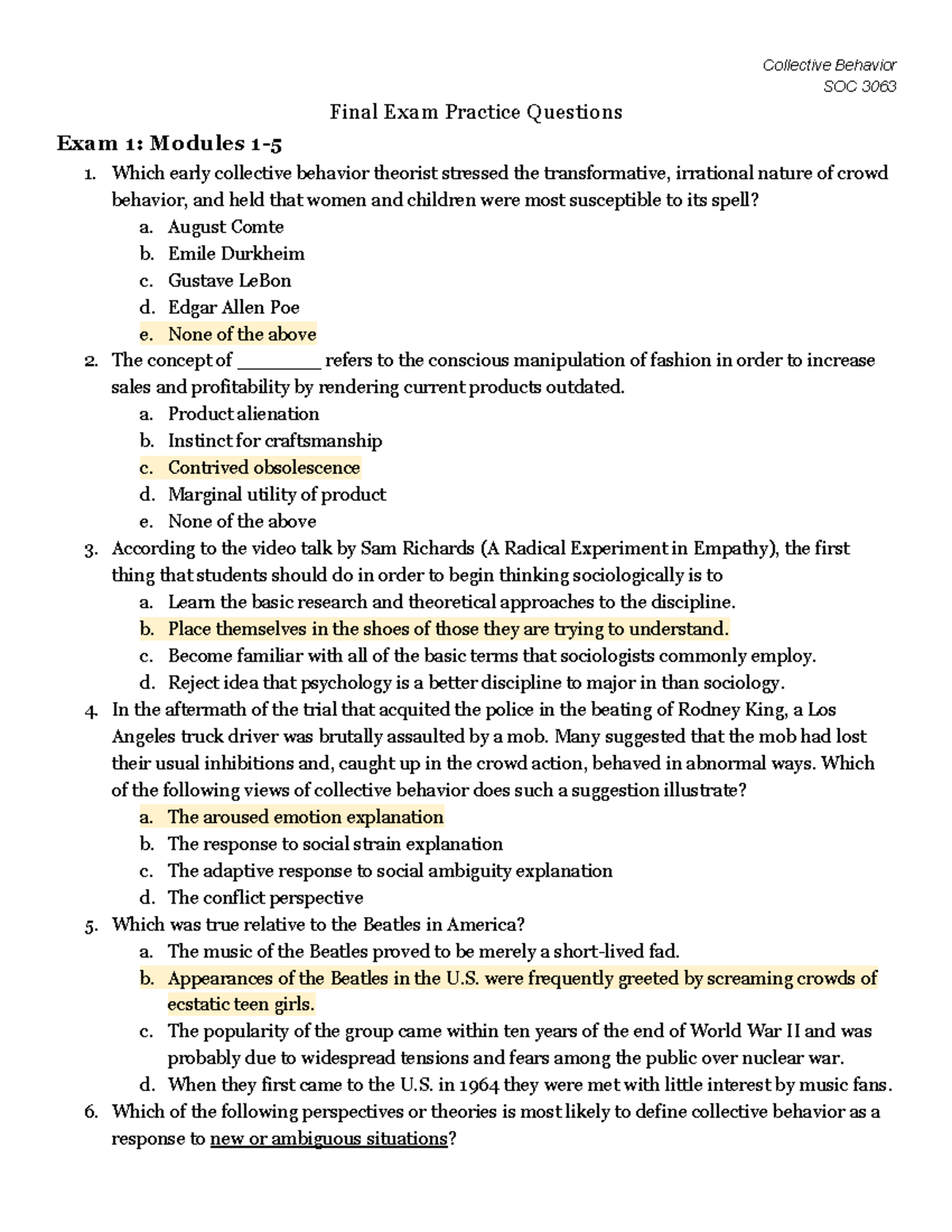 SOC 3063 | Collective Behavior | Final Exam Practice Questions - SOC ...
