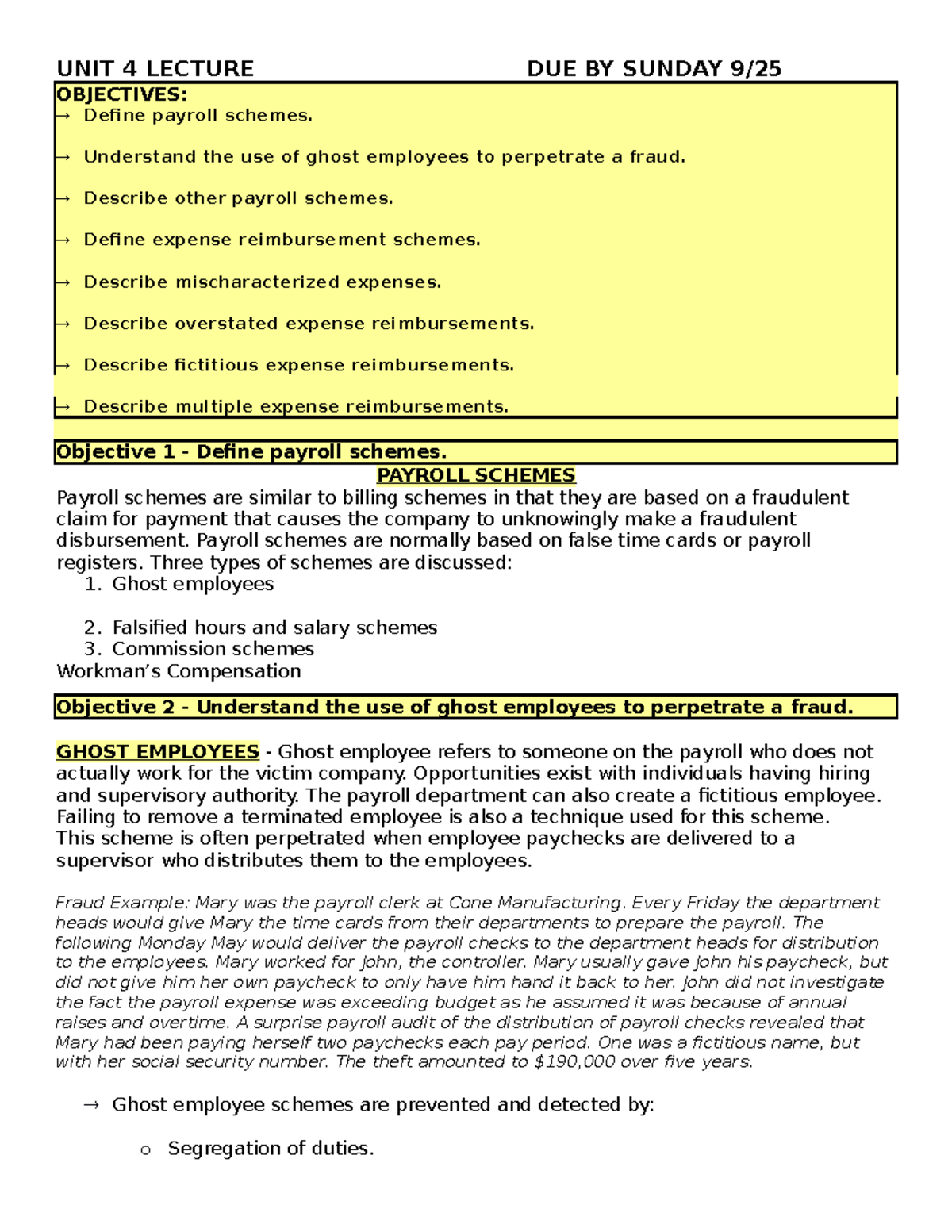 UNIT 4 Lecture - UNIT 4 LECTURE DUE BY SUNDAY 9/ OBJECTIVES: Define ...