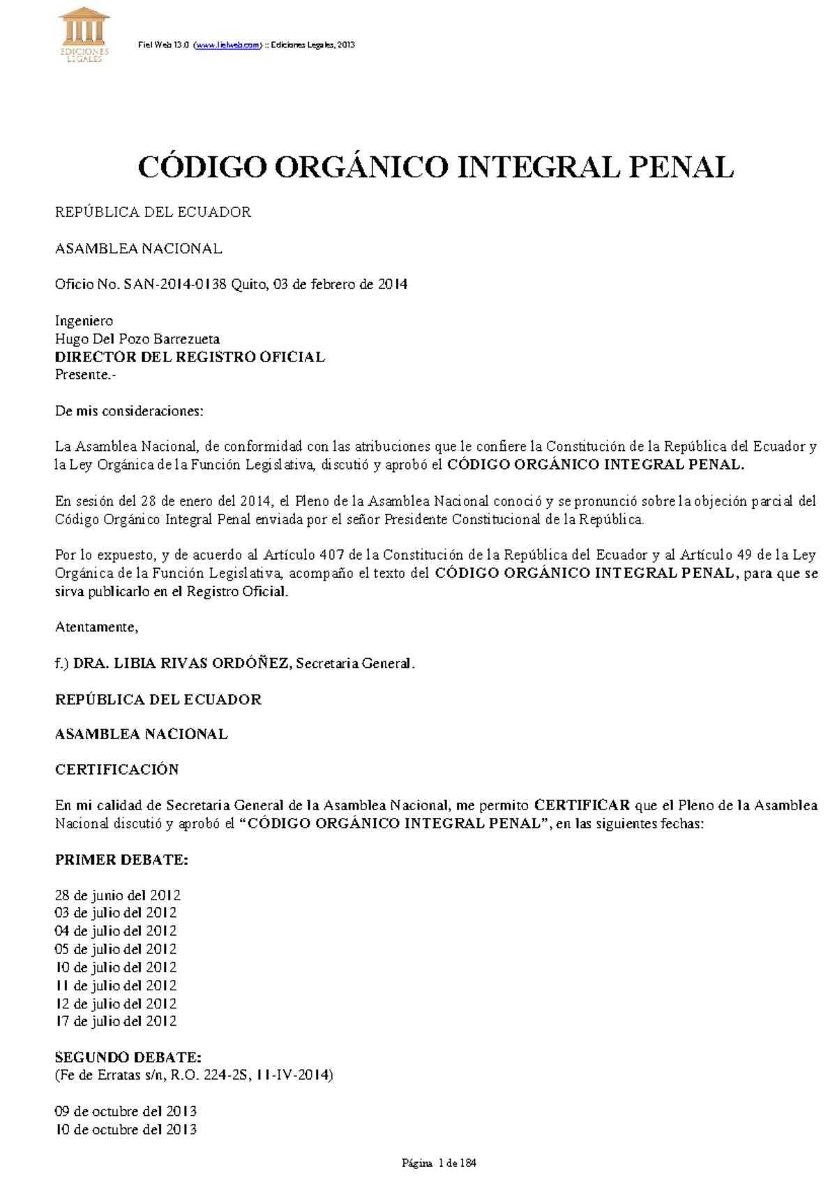 Codigo Organico Integral Penal act - CÓDIGO ORGÁNICO INTEGRAL PENAL ...