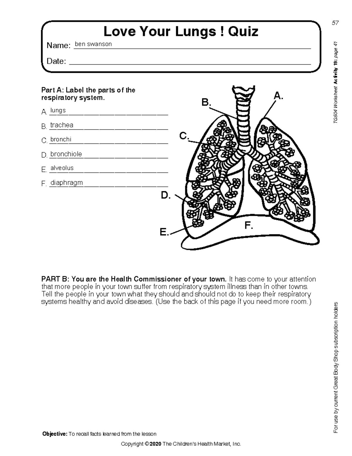 504 love your lungs quiz - TG504 Worksheet Activity 19: page 41 Love ...