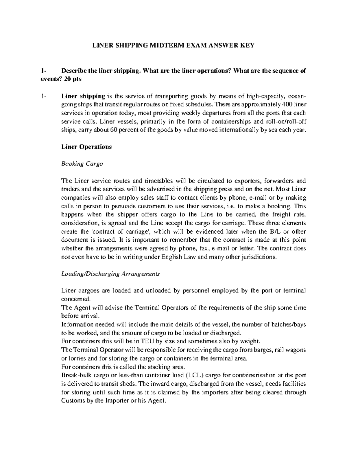 Answer KEY Liner Shipping - LINER SHIPPING MIDTERM EXAM ANSWER KEY 1 ...